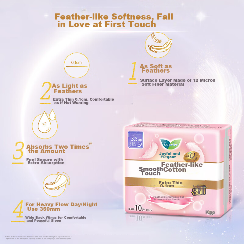 Laurier Kao Zero-Touch Feather-Like Cotton Ultra-Thin Winged Sanitary Napkins, 35cm, 10 Pieces, Menstrual Pads, Ultra-Thin, for Night Use