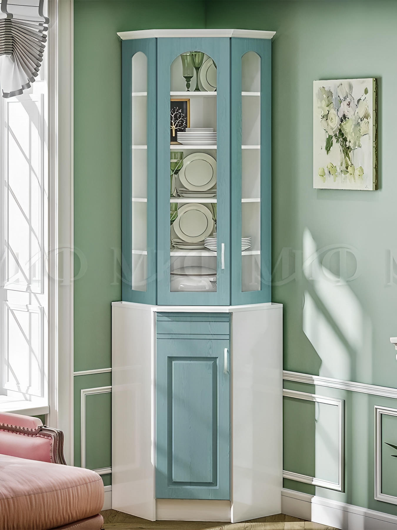 Буфет угловой с полками Констанция голубой/белый миф, Мебельный рай