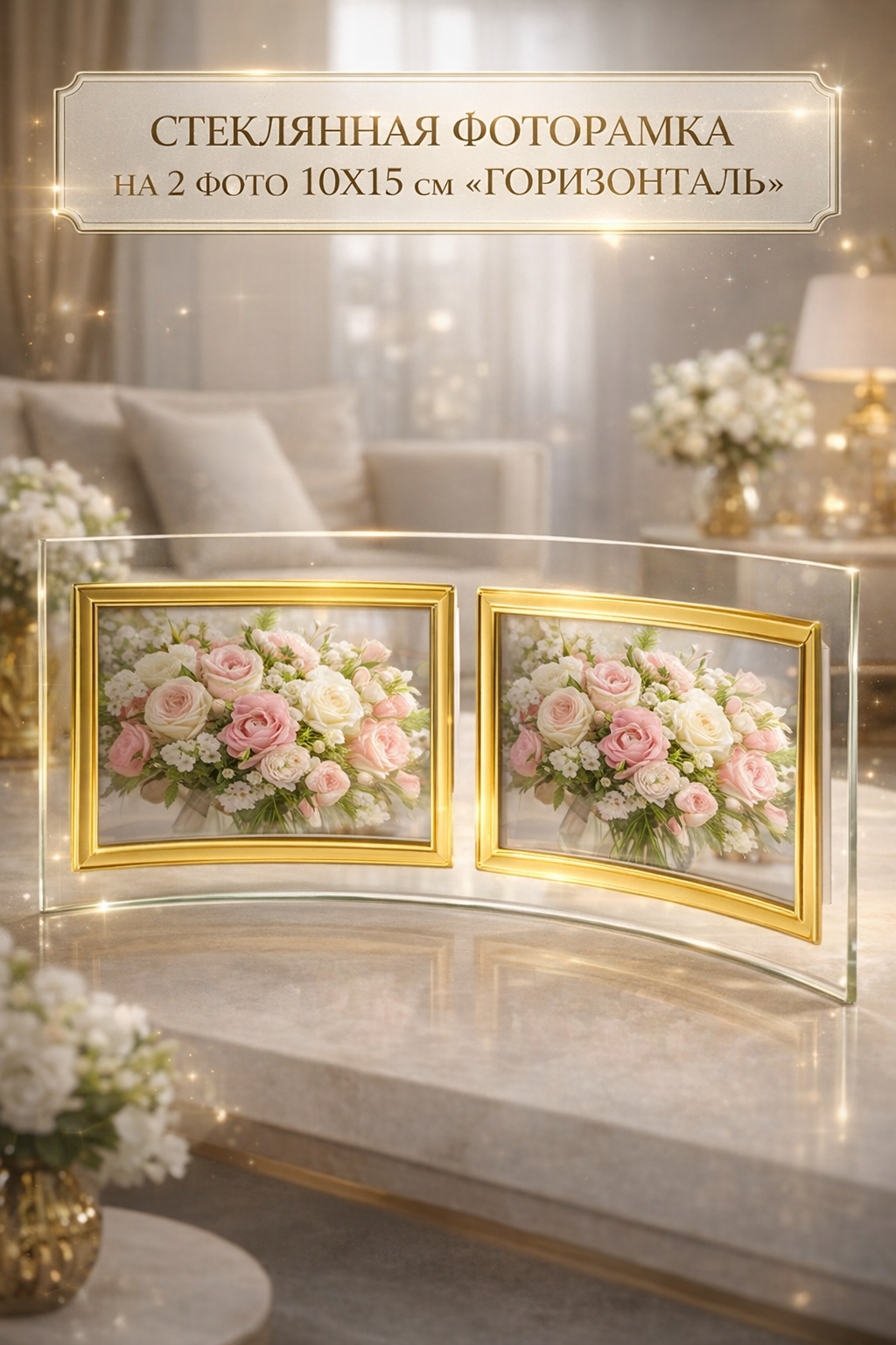 Стеклянная фоторамка на 2 фото 10×15 см GT "Горизонталь" цвет золотистый