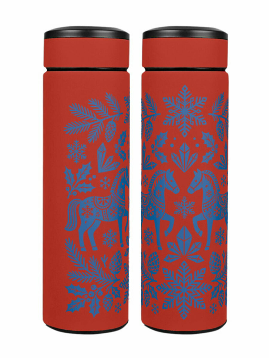 Термос «Кони в зимнем узоре. Новый год. Символ года» (красный)