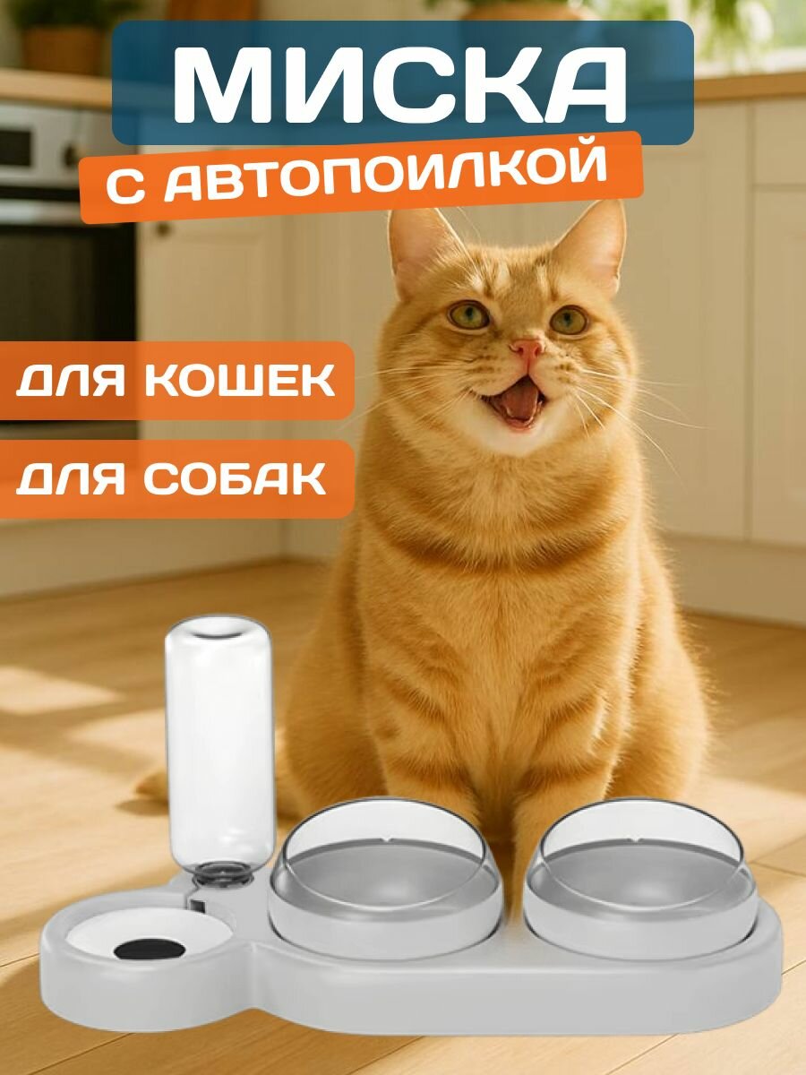 Миска для кошек, и автопоилка, двойная, на подставке, автоматическая поилка с бутылкой на 0,5 л