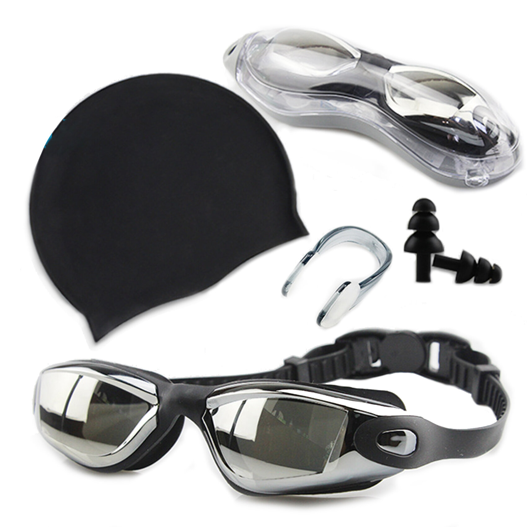 Набор 4 в 1: очки для плавания и капа, антифог, UV-защита, водонепроницаемый, с ушными запорками, носиком, для взрослых, детей, мужчин, женщин, Розовый 1#, Серый, Голубой 1#, Белый, Розовый 2#, Голубой 2#, Черный, размер 4*15см, 1 набор