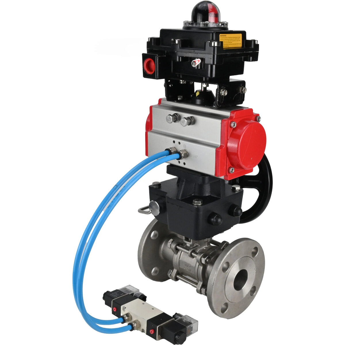 Кран шаровой DN.ru кшфпт.316.180 Ду100 Ру16 полнопроход. трехсоставной, фланц, нерж. сталь 316, PTFE, 22х22, F10, WDVF, с пн. приводом DN. ru DA-105, пн. распр. PND1-S2EM-52-2-T10-220VAC, БКВ LSB-410-02ExM12-250 и ручным дублером HDM-3 (опрессовано)