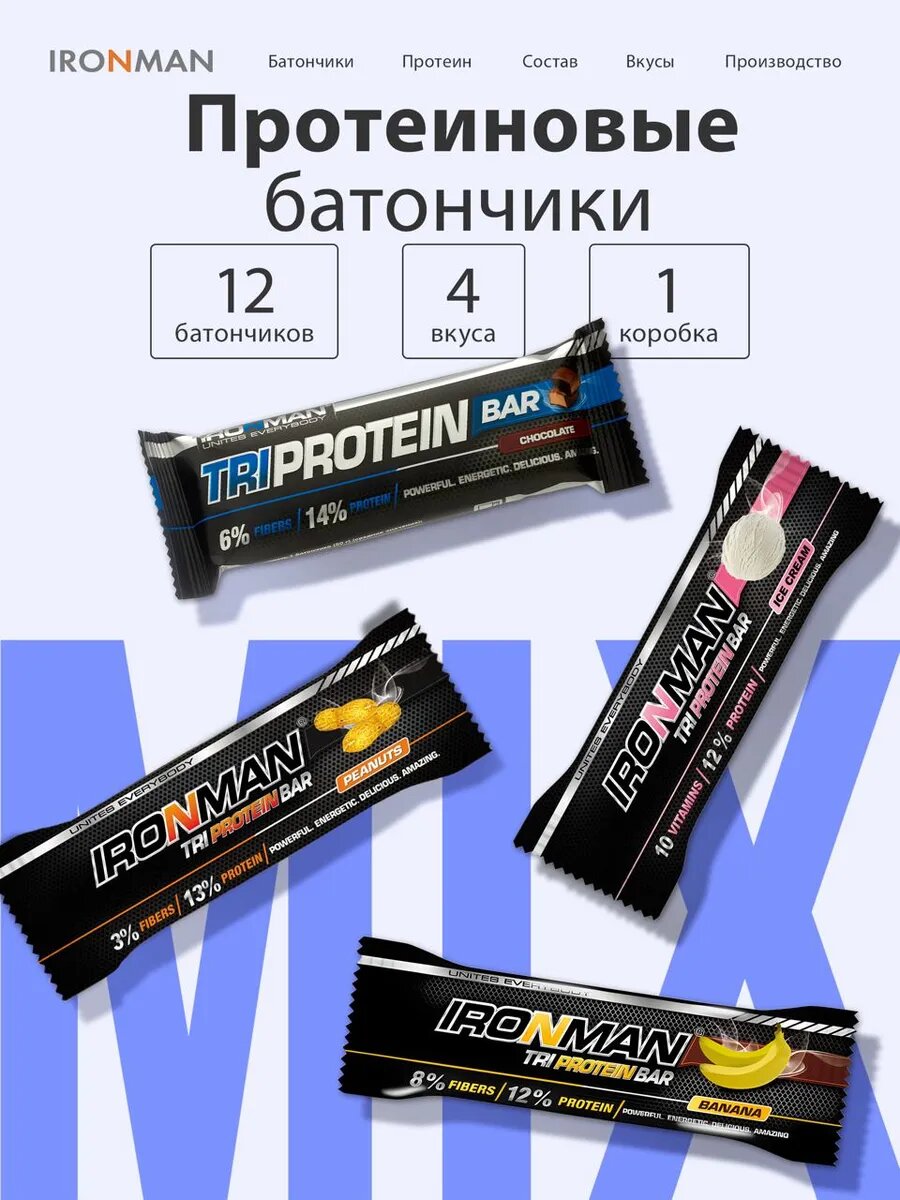 Батончики Ironman Tri Protein, протеиновые, набор 12 штук, 4 вкуса
