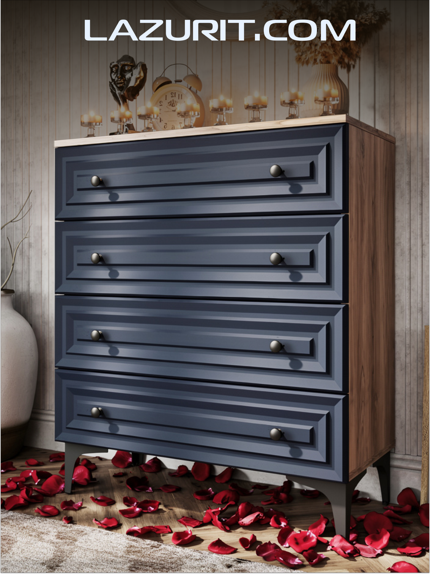 Комод для одежды большой с ящиками синий Lazurit Artnuvo под телевизор на ножках высокий узкий 75х87х35 ретро