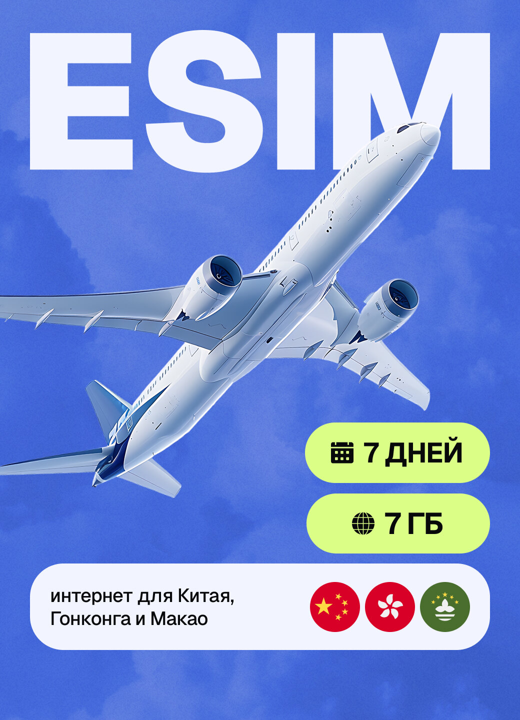 ESIM для интернета в Китае, Гонконге, Макао 7 Гб на 7 дней без номера телефона 5G/4G