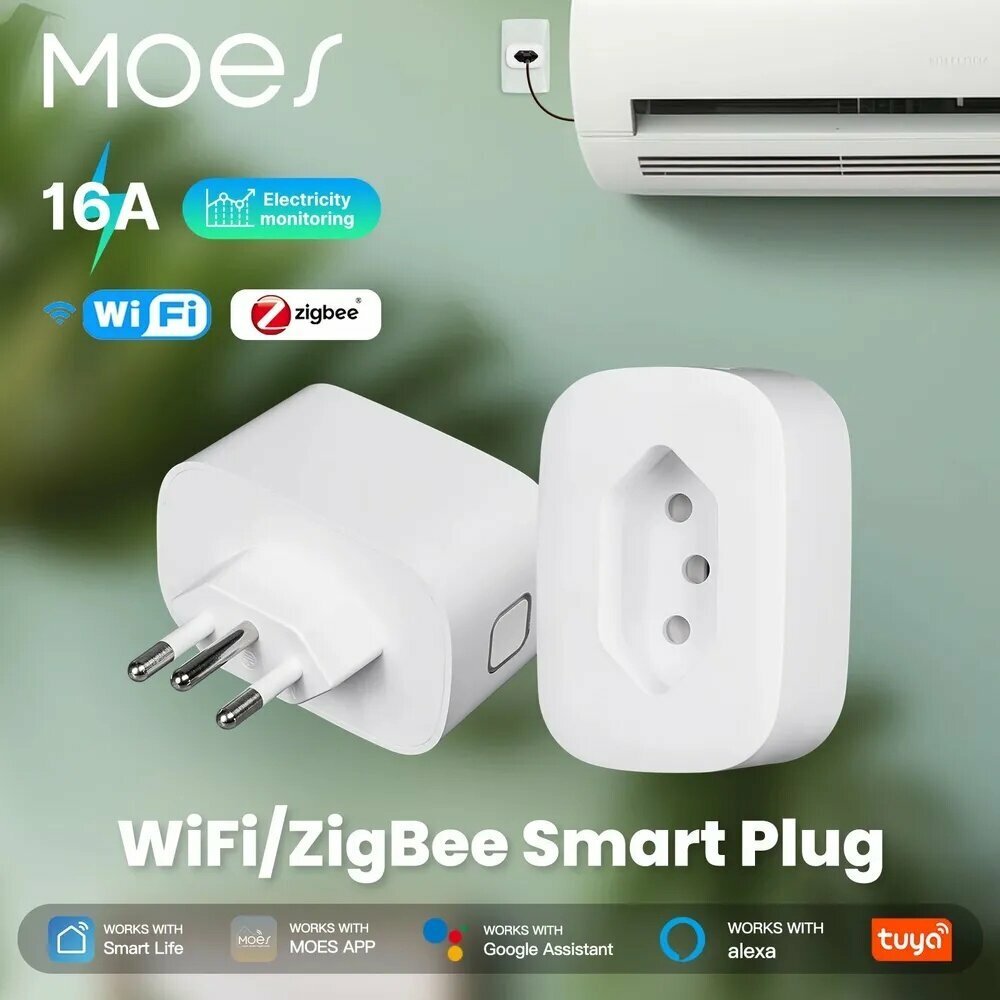 Умная розетка MOES Tuya WiFi / Zigbee16a бразильской версии, работает с Alexa, Google Home