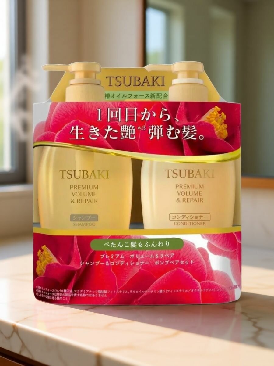 Набор для увлажнения и объема волос Tsubaki Volume & Repair с ароматом листьев камелии: шампунь 450мл.+кондиционер 450мл.