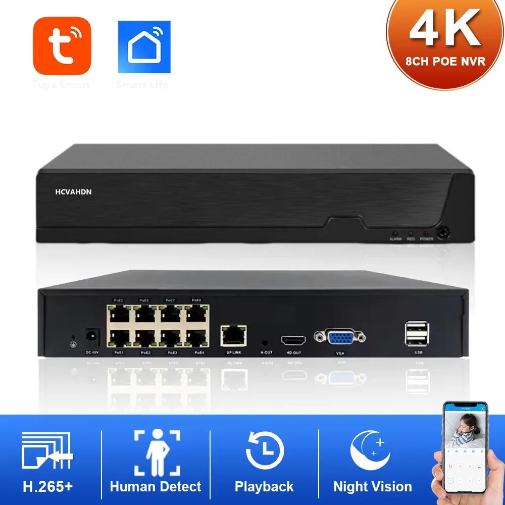 Tuya Smart 4K 8-канальный PoE NVR с распознаванием лиц, EU plug