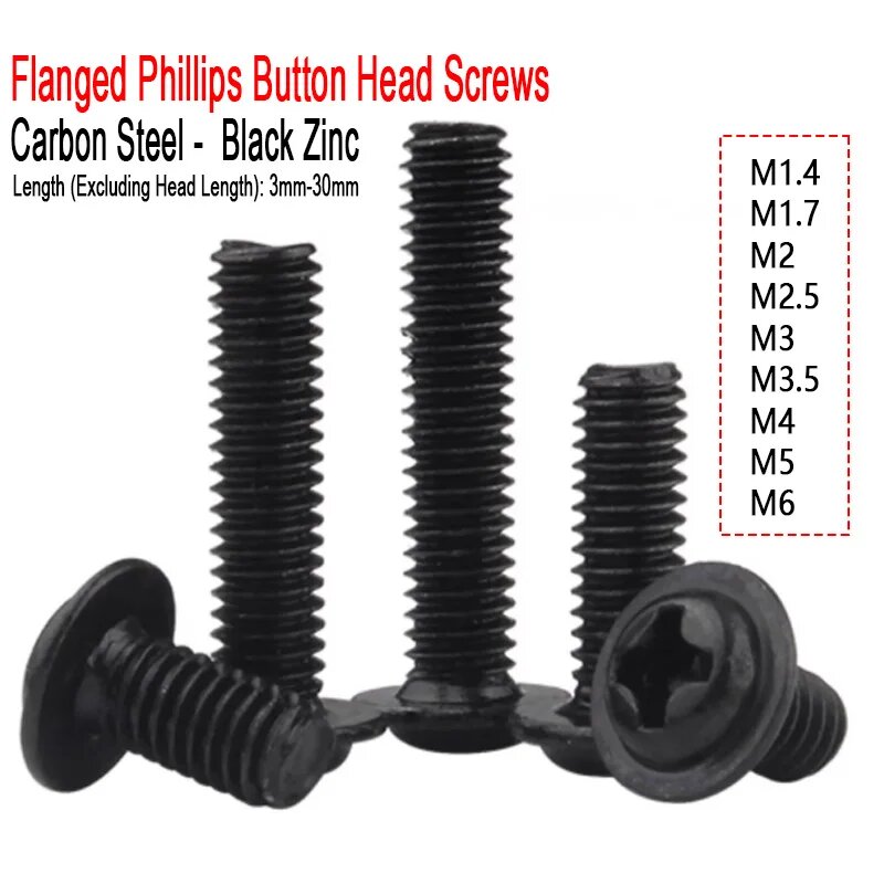 Винты с фланцевой головкой Phillips, углеродистая сталь, черный цинк, M1.4-M6 M4x6mm-50pcs