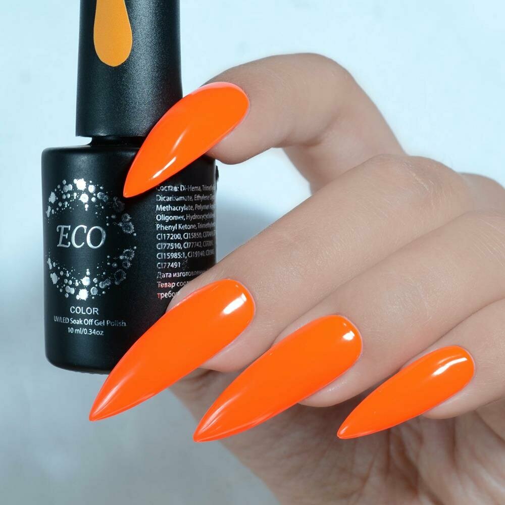 Гель-лак для ногтей ТМ ECO "Неон" №125, оранжевый, плотный, глянцевый, LED/UV, 10мл