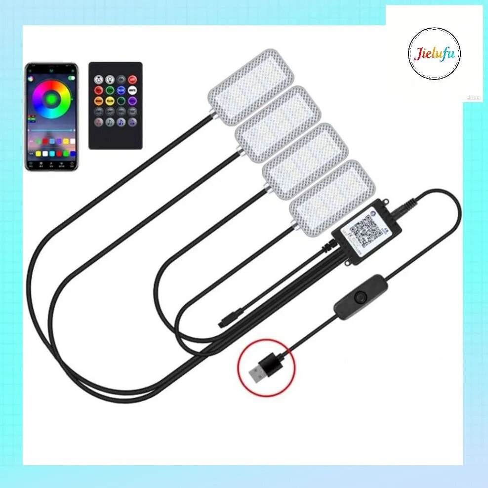 Светодиодная лента для салона автомобиля RGB подсветка, комплект из 4 панелей, управление с телефона