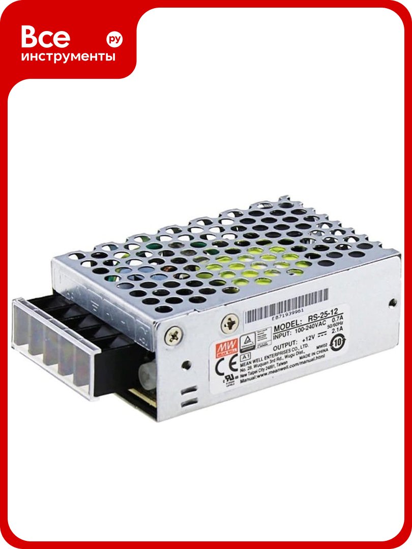 Источник питания Mean Well AC/DC RS-25-12 Т00170104 блок с защитой от короткого замыкания, для подсветки лент