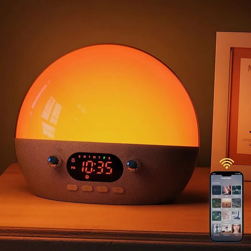 Настольные часы Электронные с имитацией рассвета, ночник, будильник, Bluetooth-динамик, белый