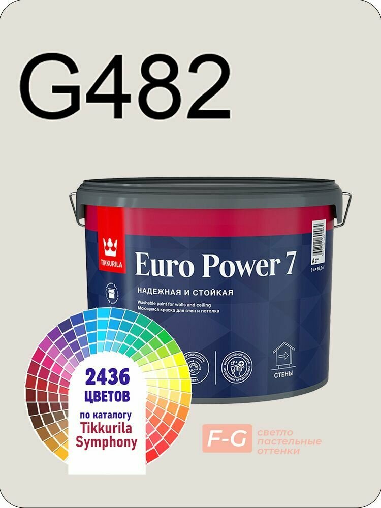 Краска для стен и потолков Tikkurila Euro Power 7 9л. светло-пастельные оттенки G482