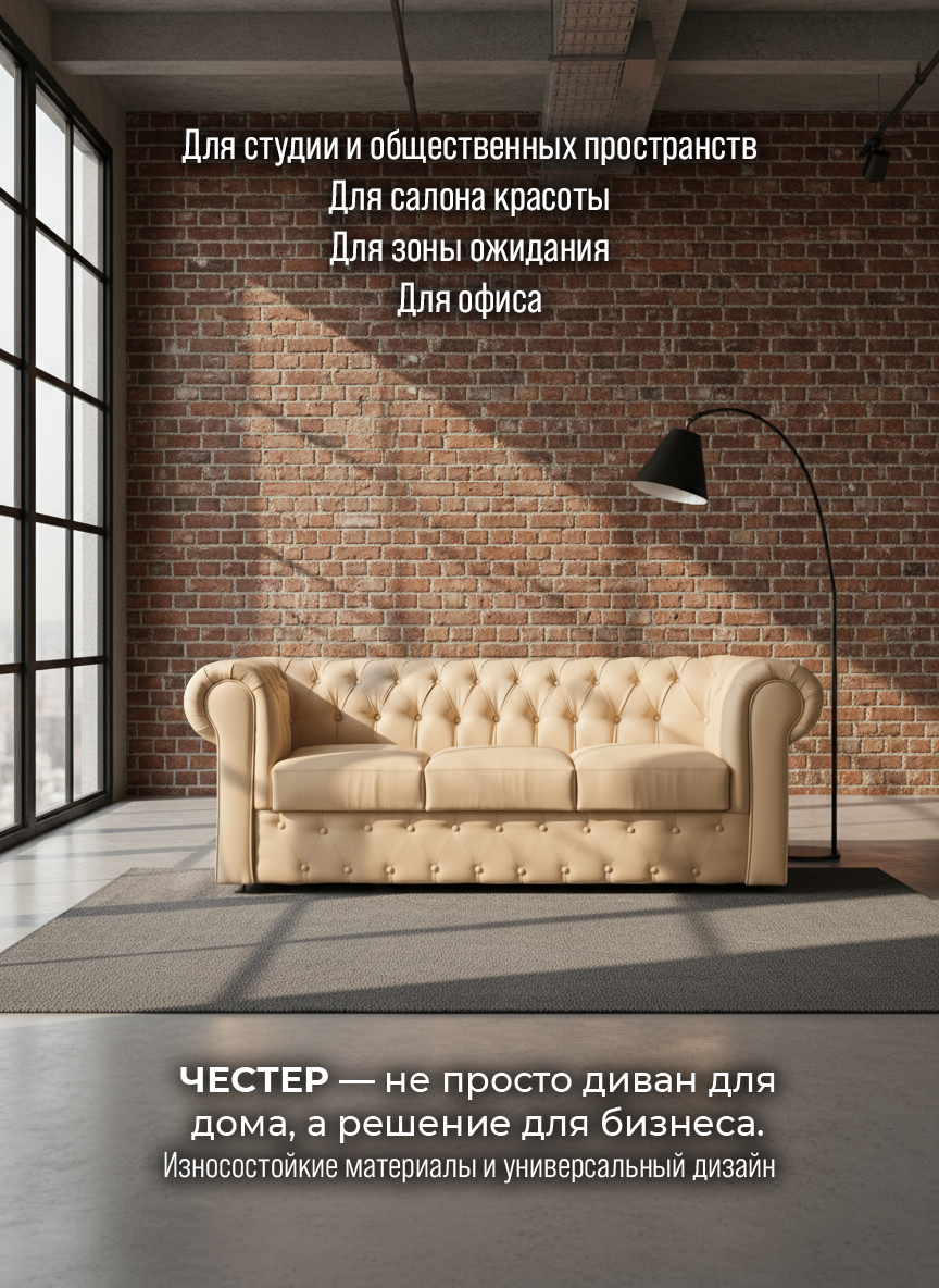 Диван Честер HBR, трехместный, обивка экокожей, бежевый 200х80х75 см