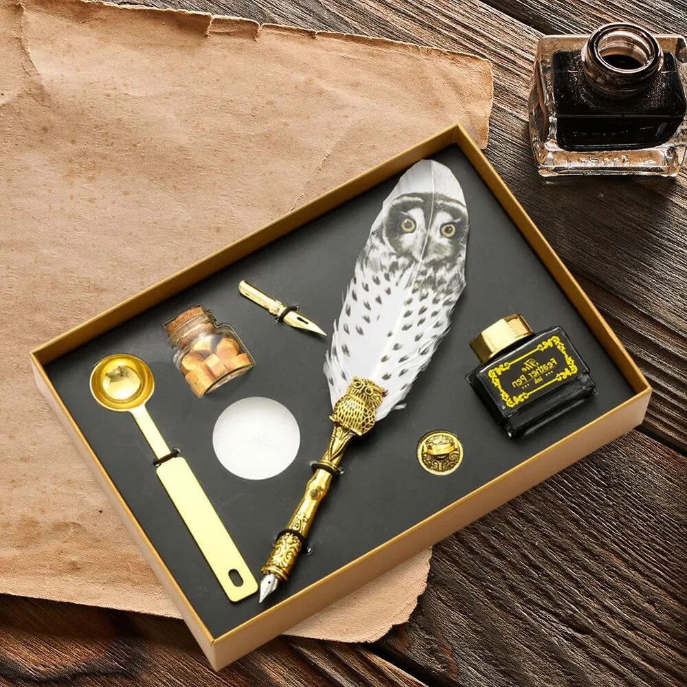 Набор перьевых ручек в винтажном стиле с пером совы и чернилами для создания писем и открыток