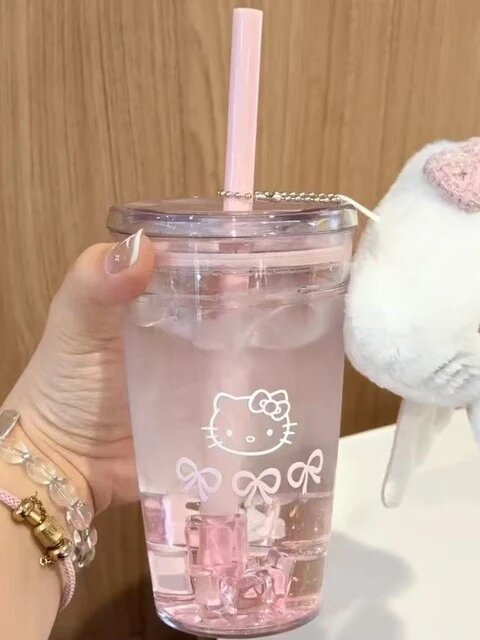 Аниме-кружка Sanrio Hello Kitty с розовой трубочкой, большая вместительная прозрачная пластиковая бутылка для воды, милая пластиковая портативная кружка Hello Kitty в подарок.