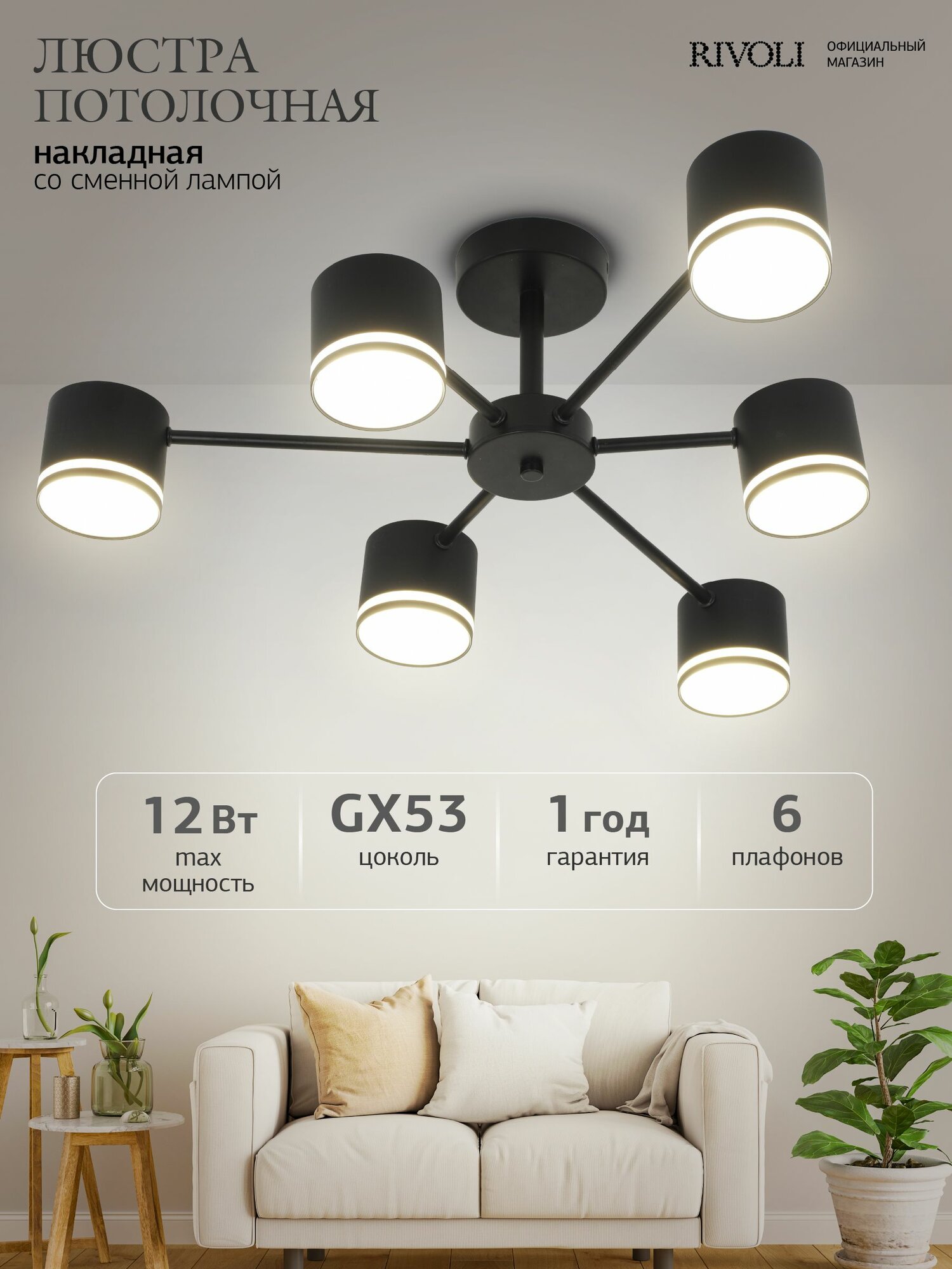 Люстра потолочная Rivoli Rosemary 3189-306 на кухню, в спальню, в коридор для натяжного потолка 6хGX53 12 Вт