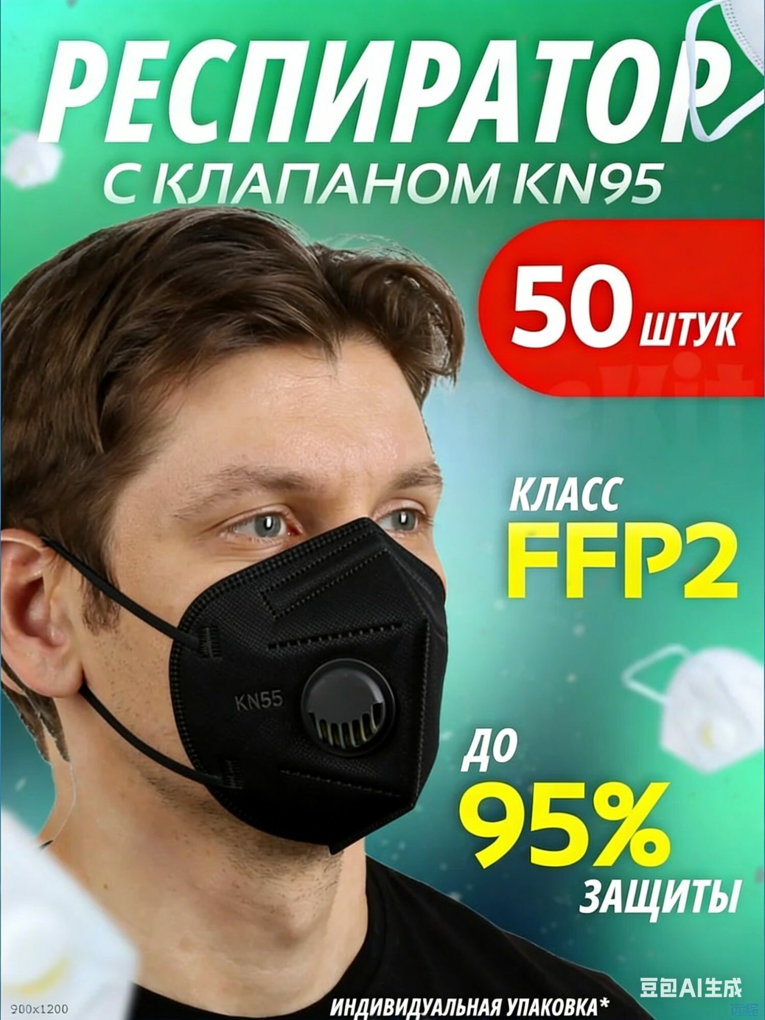 Респиратор FFP2 с клапаном дыхания многоразовый 50 шт. black.