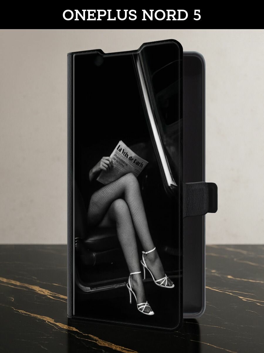 Чехол-книжка на OnePlus Nord 5 / Ван Плас Норд 5 с принтом С газетой в машине, черный