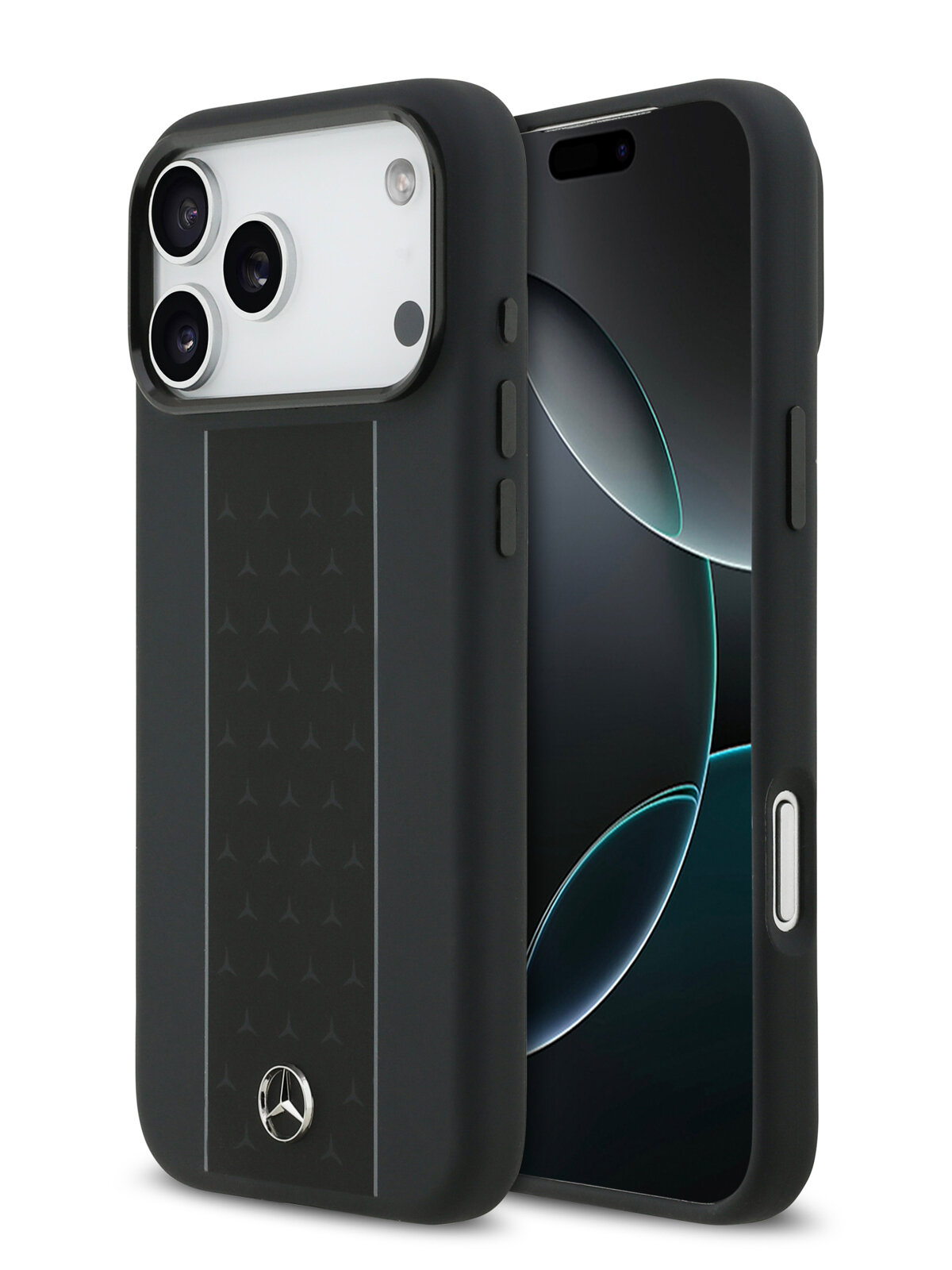 Чехол Mercedes на iPhone 17 Pro Max, с магнитами MagSafe, с бархатистым покрытием soft touch, черный