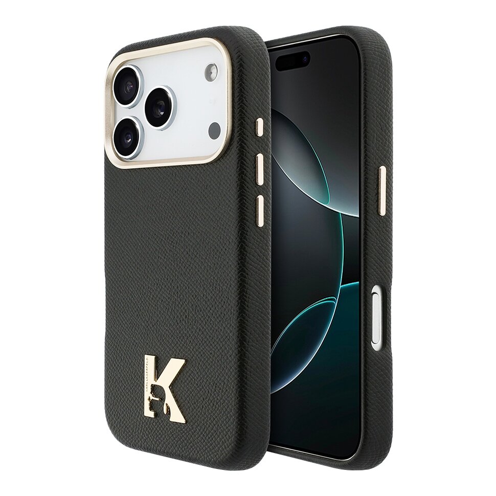 Karl Lagerfeld чехол с MagSafe для iPhone 17 Pro, кожа PU Full Wrapped K HEAD Metal logo & Camera, черный