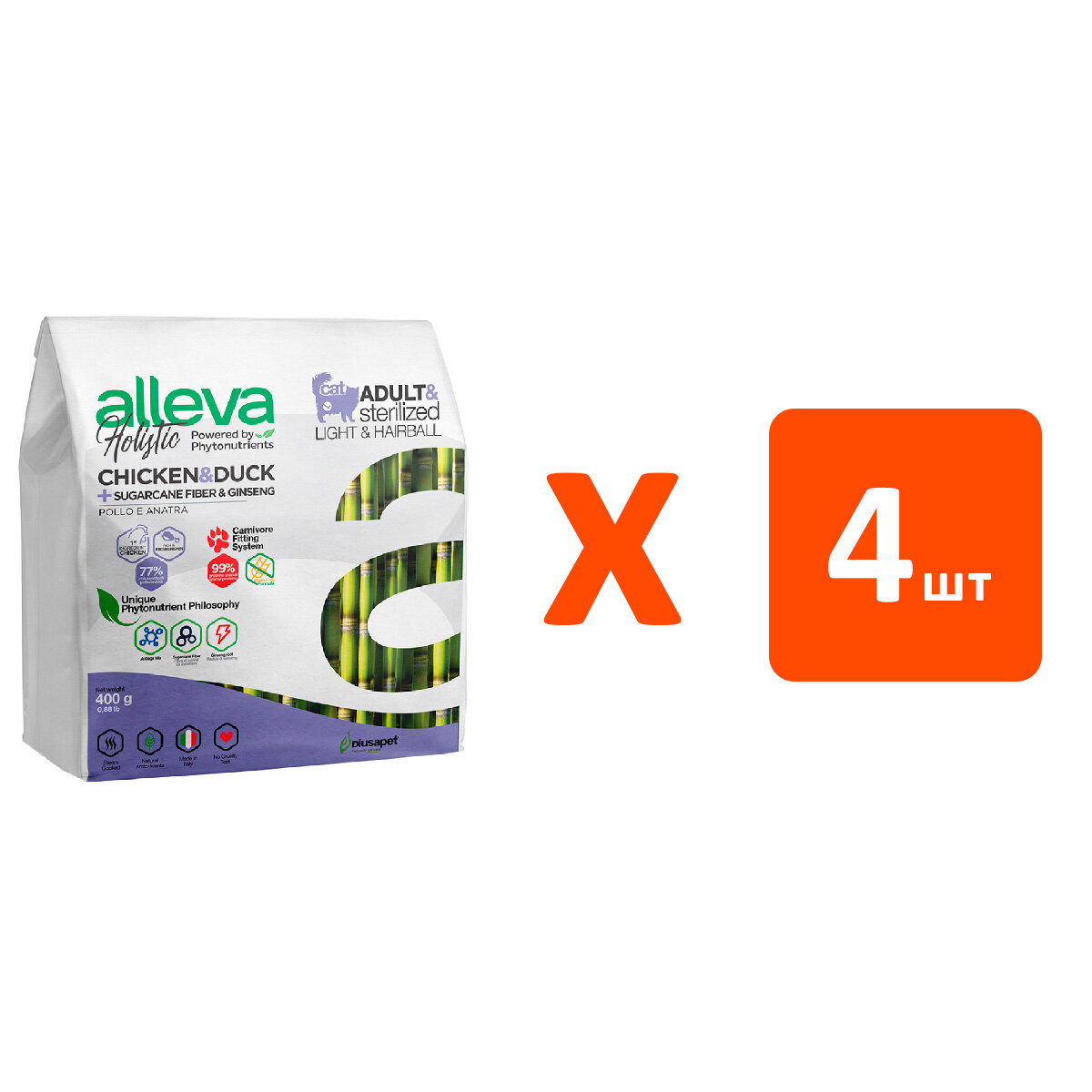 Корм сухой Alleva Holistic Adult & Sterilized Cat Neutered Chicken & Duck беззерновой для взрослых кастрированных котов и стерилизованных кошек, курица, утка, волокна сахарного тростника и женьшень, 0,4 кг х 4 шт