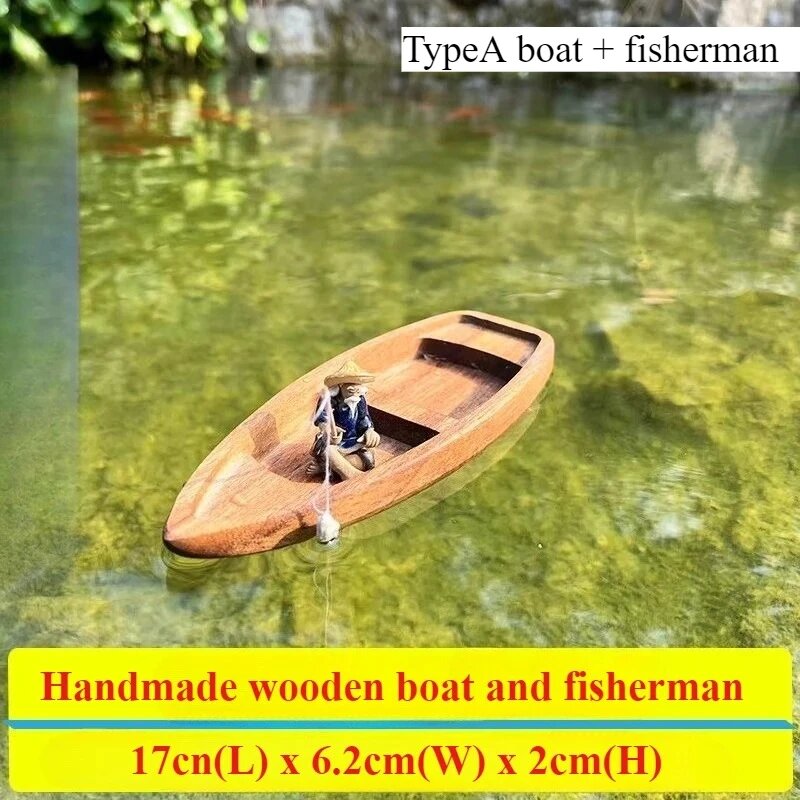 Деревянная плавающая лодка для аквариума A boat and fisherman