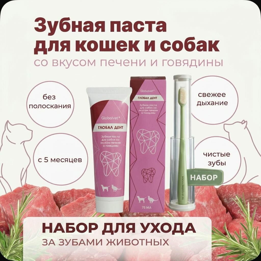 Набор. Зубная паста для собак и кошек печень с говядиной Глобал-вет + зубная щетка Денталвет