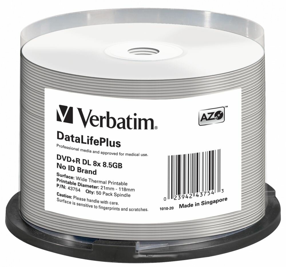 Оптические диски Verbatim DVD+R DL 8.5 ГБ 8X DataLifePlus AZO под термопечать Printable No ID 50 шт. на шпинделе
