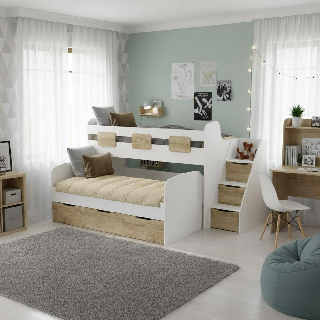 Кровать 2-х ярусная Городок 190х90 (дуб сонома+белый)