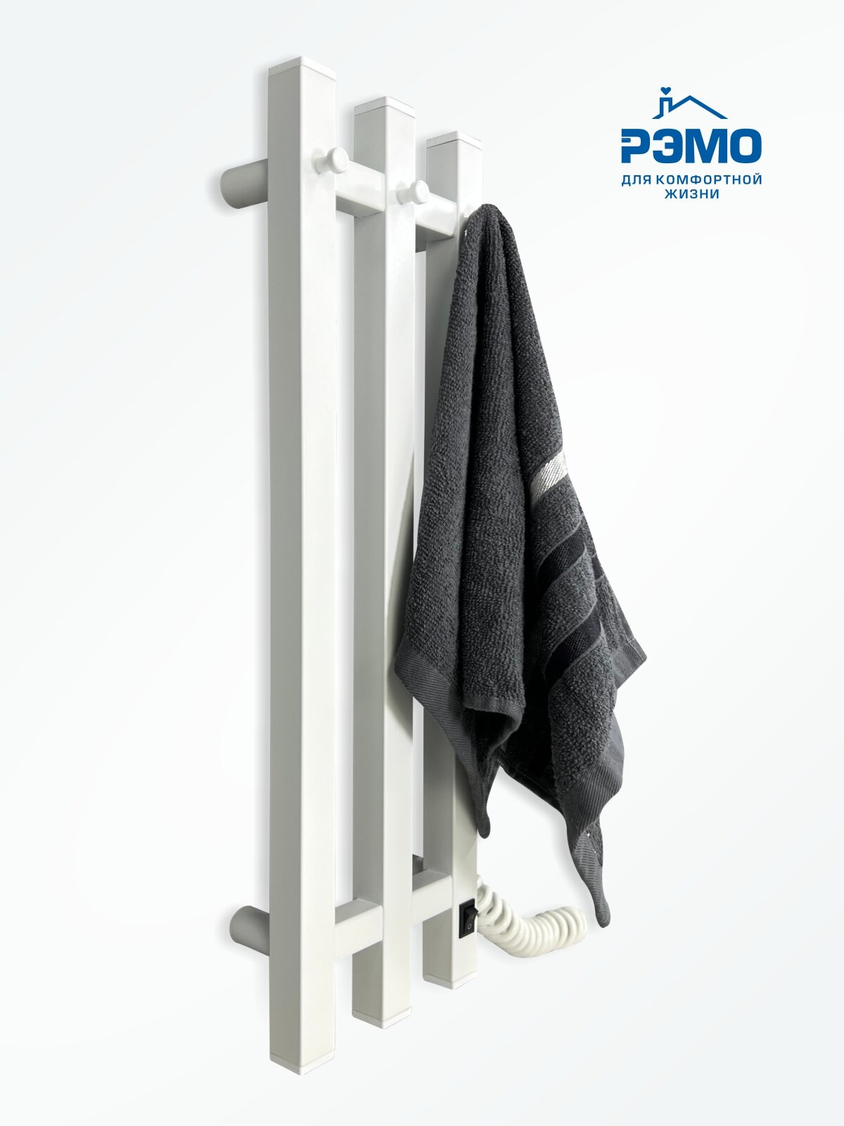 Полотенцесушитель электрический РЭМО Квадрум 500х155 мм белый, узкий вертикальный из профильной трубы