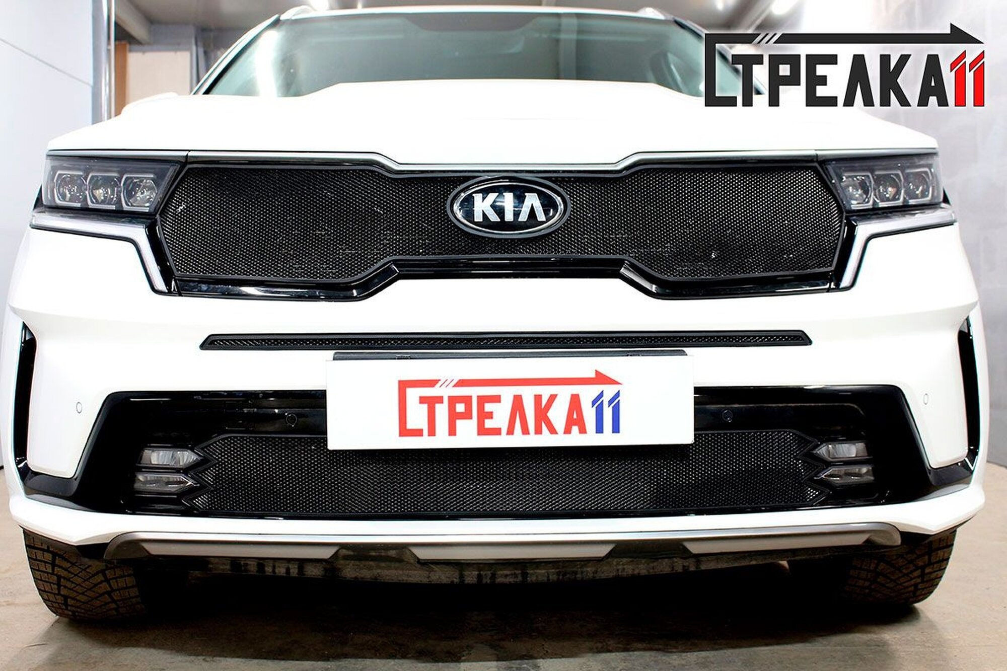 Защитная сетка радиатора с окантовкой и защелками для KIA Sorento 2020- (IV), 3шт, под ПТФ
