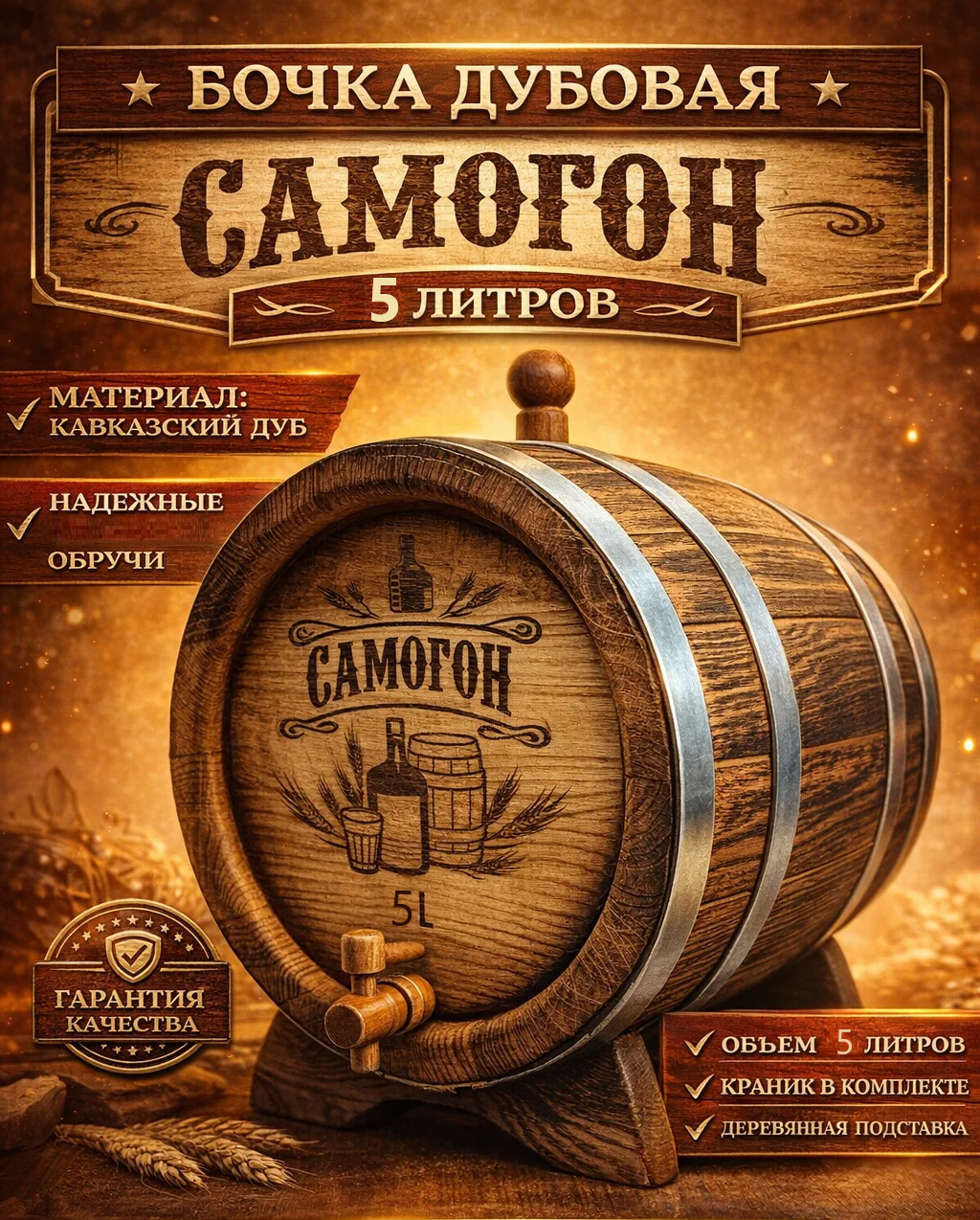 Дубовая бочка 5 л подарочная " самогон " с краном, для выдержки алкоголя