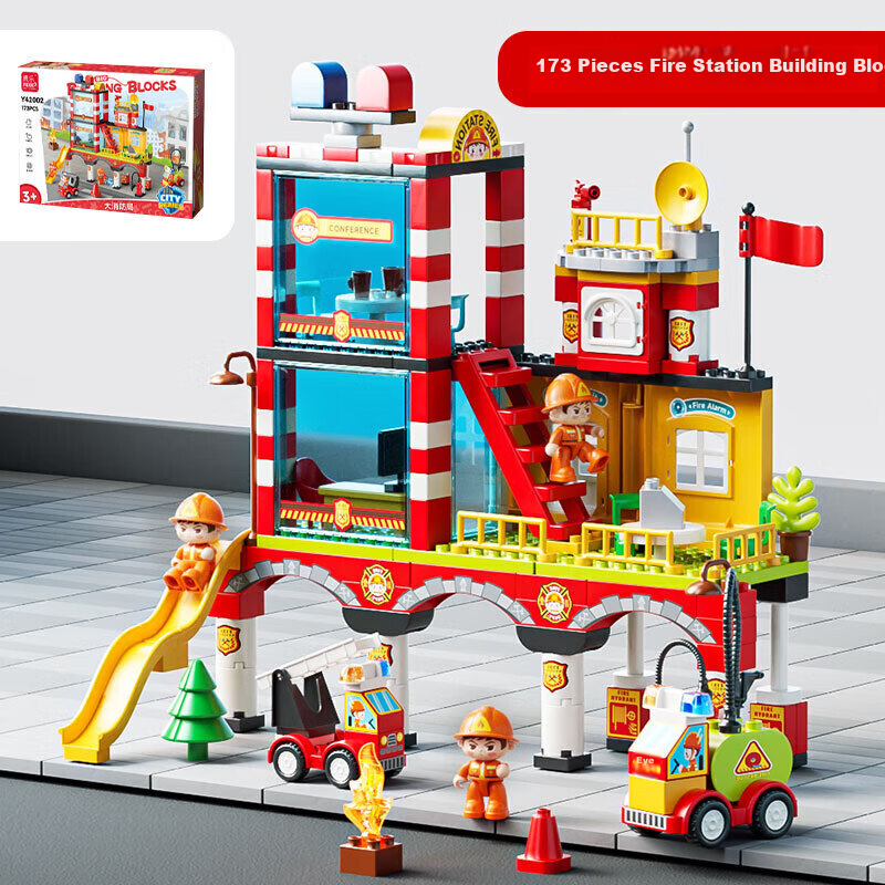 FEELO Совместимые крупные строительные блоки для детей 3-6 лет Пожарная станция игрушка Характеристики：173 крупных