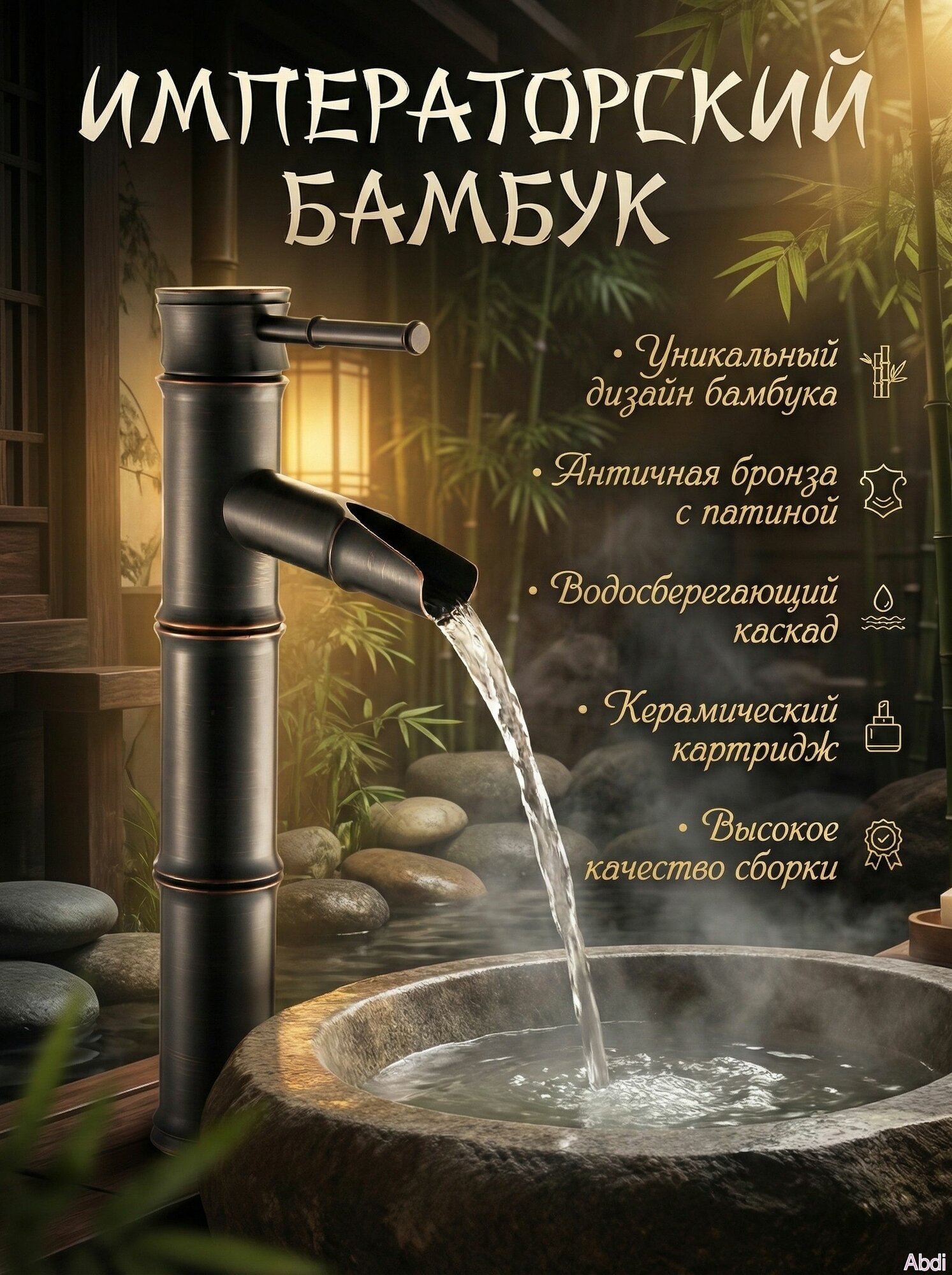 Смеситель для раковины в черном матовом исполнении из латуни с бамбуковыми элементами, однорычажный, с керамическим картриджем 260 мм