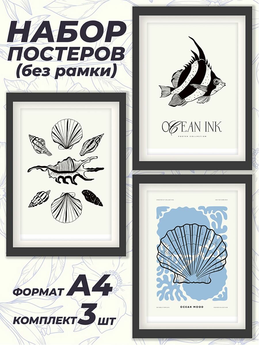 Набор интерьерных постеров с морскими ракушками формата А4, комплект 3 штуки
