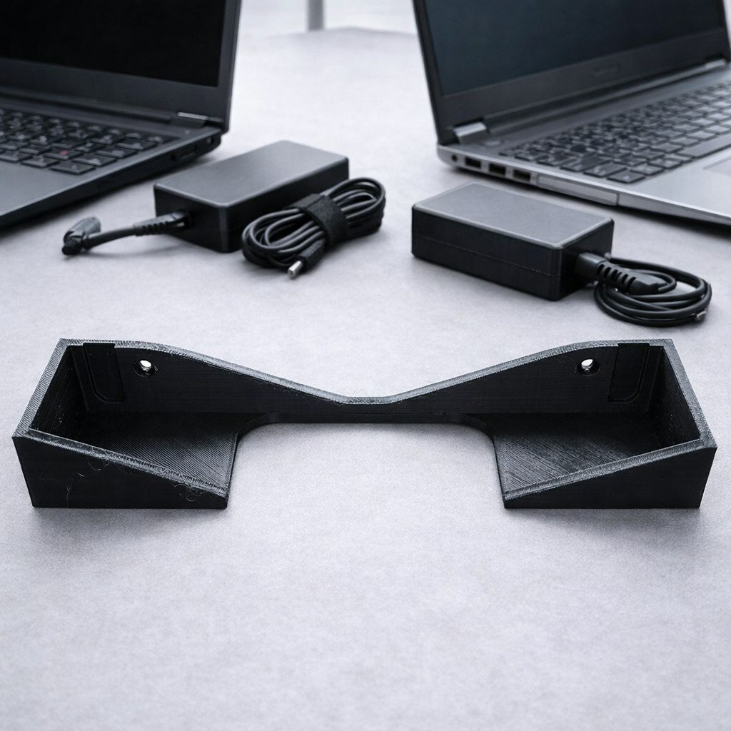 Держатель блока питания к столу. Подходит для блоков питания ноутбука, принтера, монитора. Крепление на саморезы или двусторонний скотч.