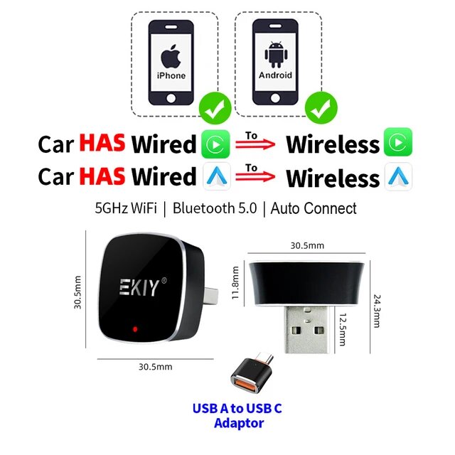 EKY EC14 Mini CarPlay Android Car Player — проводной адаптер для подключения к беспроводной приставке CarPlay, интеллектуальная приставка с поддержкой Bluetooth, Wi-Fi и Spotify Connect.