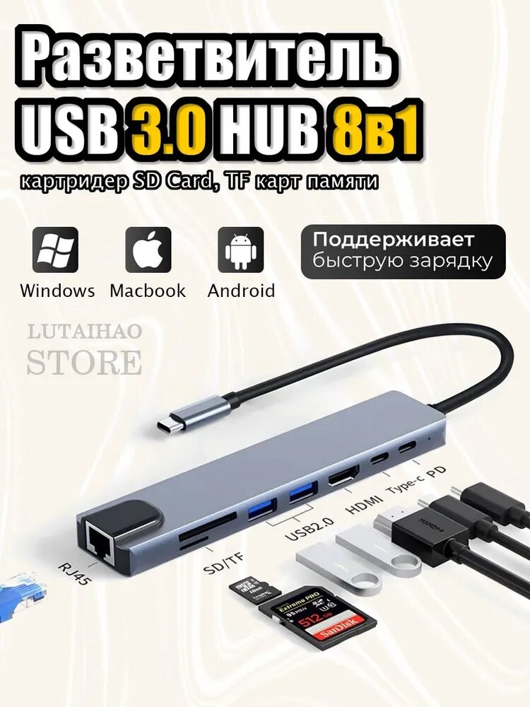 Разветвитель USB 3.0 HUB 8в1, переходник HDMI, для флешки, OTG Type-C , для интернет кабеля RJ45, картридер SD Card, TF карт памяти