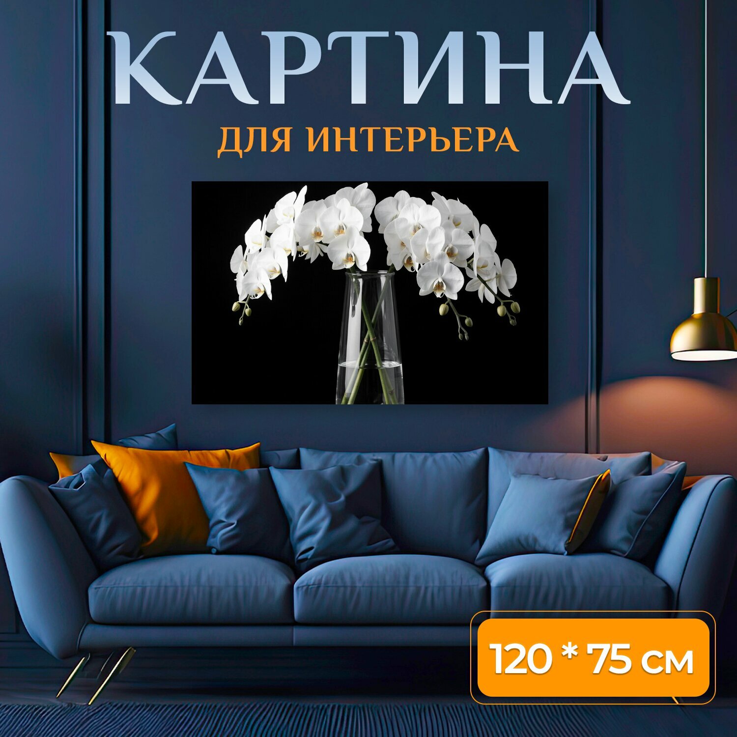 Картина на холсте "Белые орхидеи в стеклянной вазе. Элегантная композиция из нежных светлых фаленопсисов в прозрачном сосуде с водой, на." на подрамнике 120х75 см. для интерьера