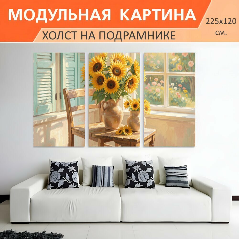 Модульная картина на холсте "Подсолнухи у светлого окна. Уютный интерьер в солнечных тонах: букет ярких цветов в керамических вазах." триптих на подрамнике 225х120 см. для интерьера