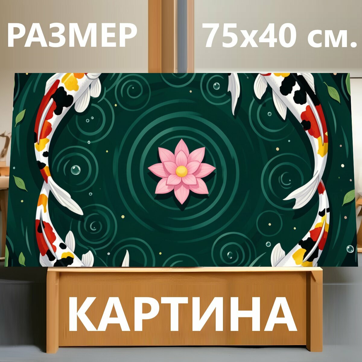 Картина на холсте "Кои в пруду с лотосом. Яркая декоративная иллюстрация с японскими рыбами, плавающими по кругу вокруг розового цветка на." на подрамнике 75х40 см. для интерьера