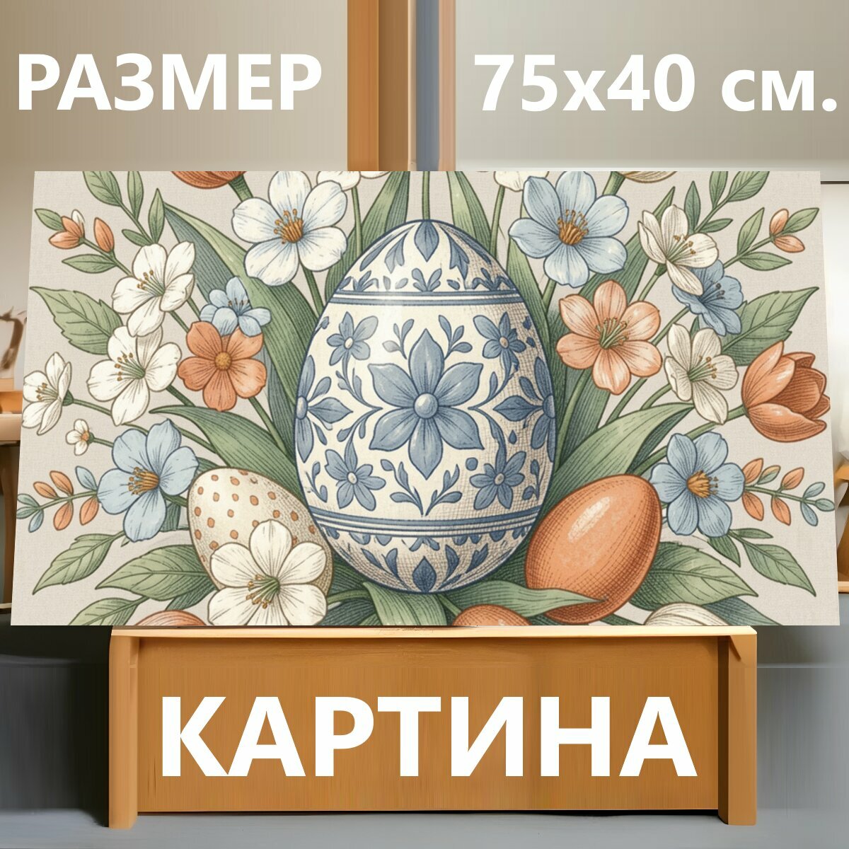 Картина на холсте "Пасхальный натюрморт с цветами и яйцом. Нежная весенняя композиция с расписным яйцом, тюльпанами и полевыми цветами в." на подрамнике 75х40 см. для интерьера