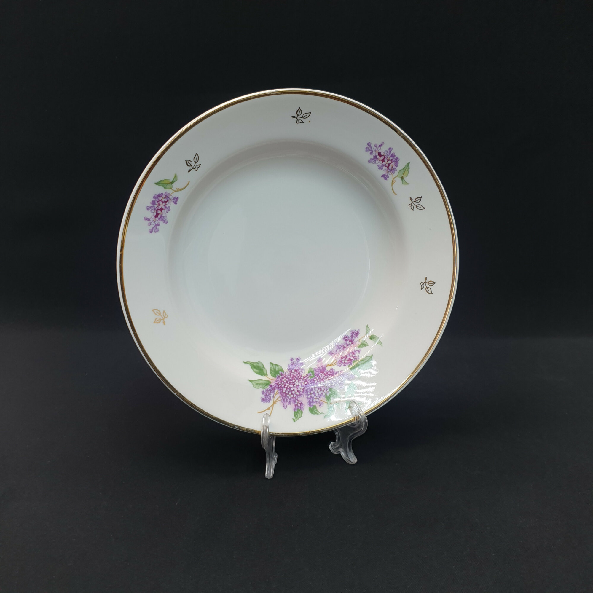 Винтажная легендарная суповая тарелка Сирень, Дулево, фарфор, деколь, позолота, СССР.