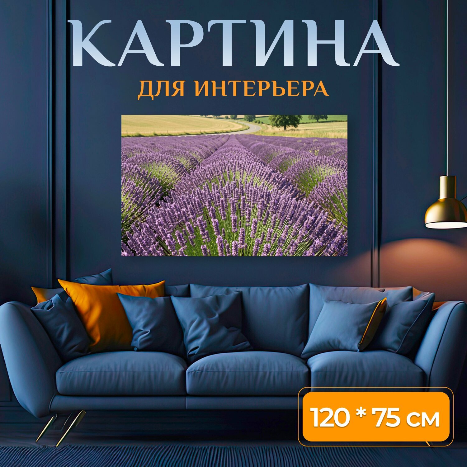 Картина на холсте "Лавандовое поле среди холмов. Бескрайние сиреневые ряды цветущей лаванды на фоне извилистой дороги, зелёных и золотистых." на подрамнике 120х75 см. для интерьера