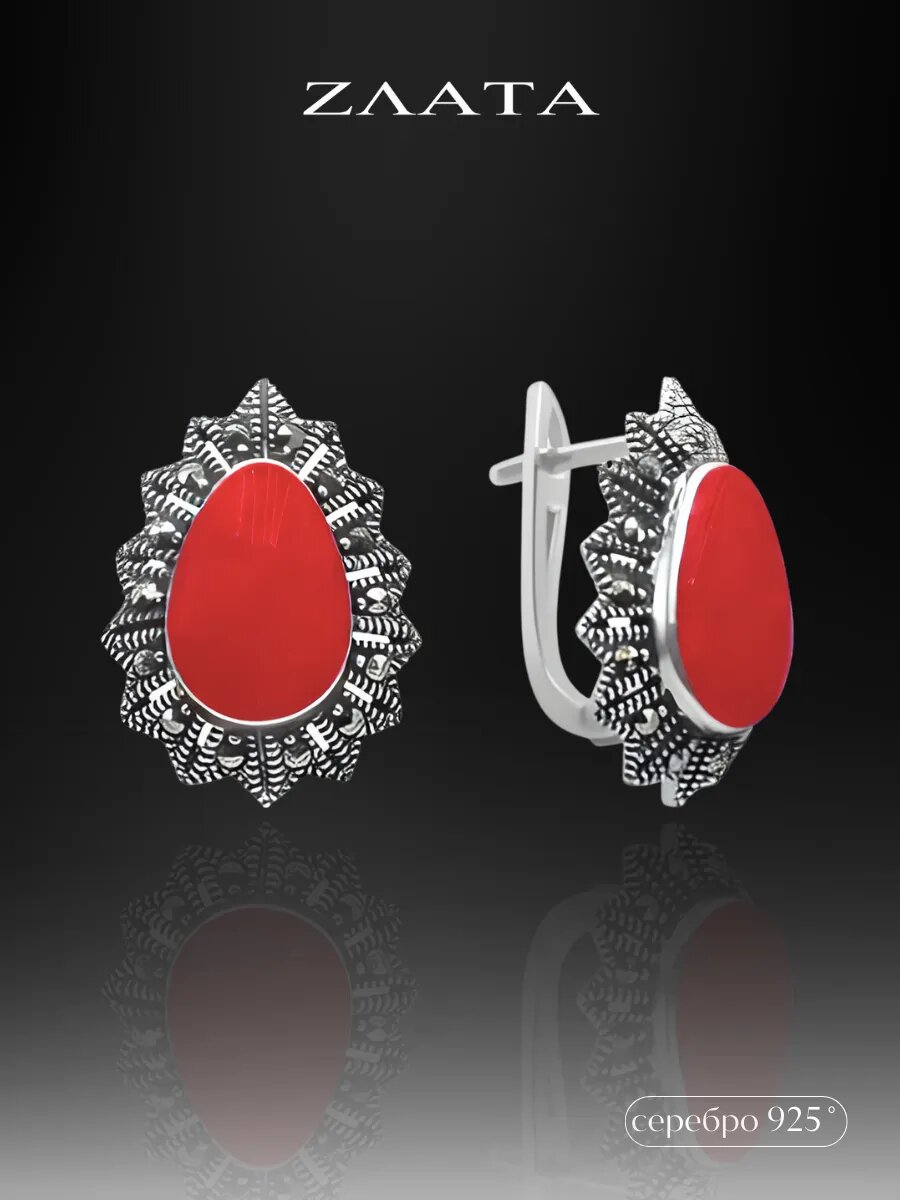 Серьги, 925 проба, марказит, коралл