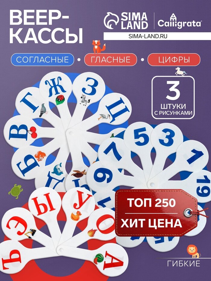 Набор веер-касс, гласные, согласные, цифры от 1 до 20, Calligrata, гибкие, 3 штуки, пакет с европодвесом, микс