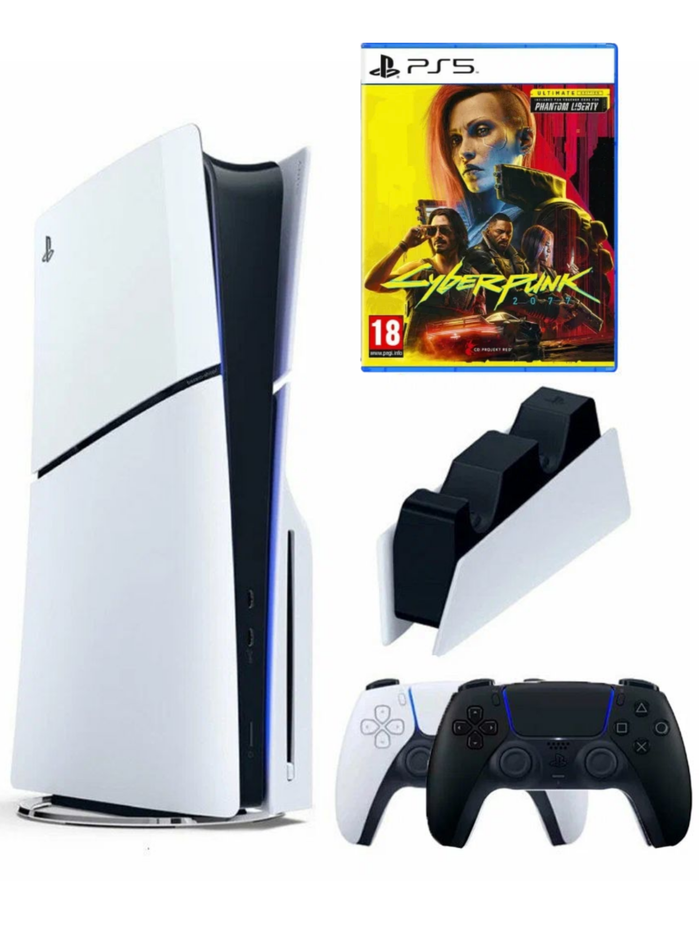 Игровая приставка Sony PlayStation 5 Slim, 1ТБ(с дисководом), 2й геймпад черный + Cyberpunk-2077 + зарядная станция